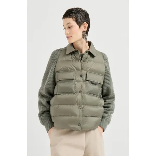 Brunello Cucinelli Nylon Down Shirt Jacket With Monili Detail - Green