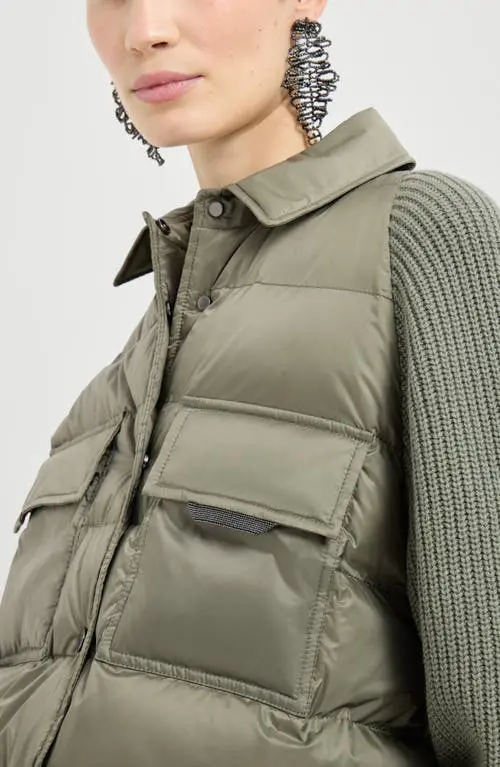 Brunello Cucinelli Nylon Down Shirt Jacket With Monili Detail - Green