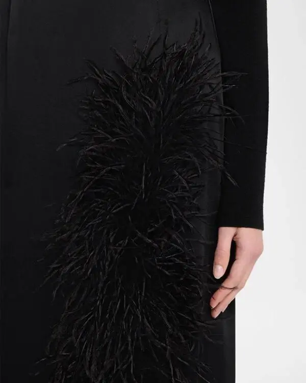 Lapointe Feather-trimmed Slit Satin Maxi Skirt - Black