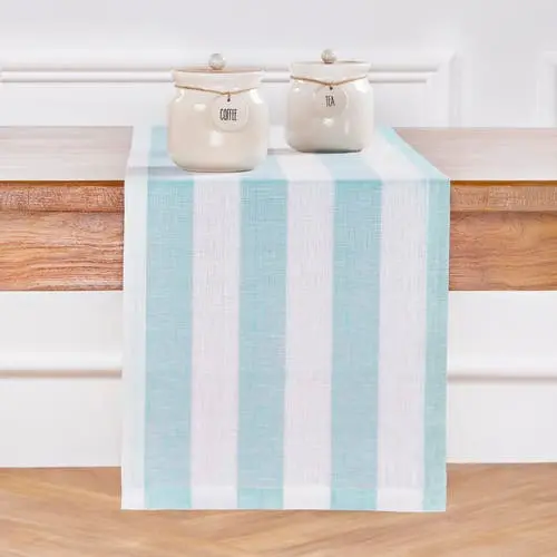 SOLINO HOME Linen Table Runnercabana Stripe - Aqua And White