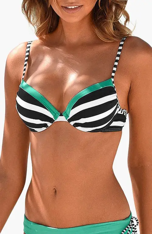 LASCANA Striped Push-up Bikini Top - Black & Mint