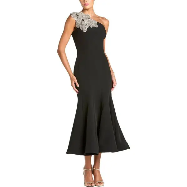 Mac Duggal Sleeveless One-shoulder Mermaid Midi Dress With Floral Appliqu - Black