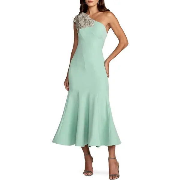 Mac Duggal Sleeveless One-shoulder Mermaid Midi Dress With Floral Appliqu - Sage