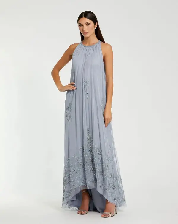 Mac Duggal Floral Embellished High Neck Trapeze Gown - Blue