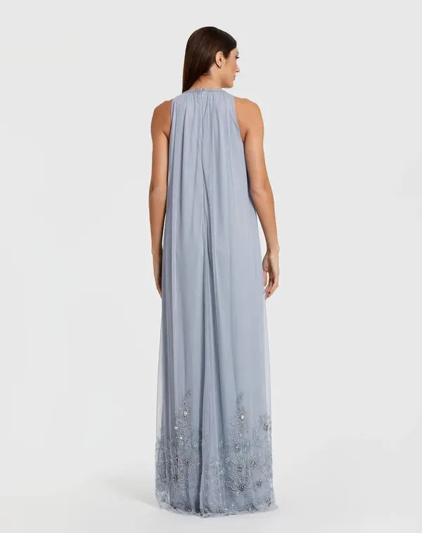 Mac Duggal Floral Embellished High Neck Trapeze Gown - Blue