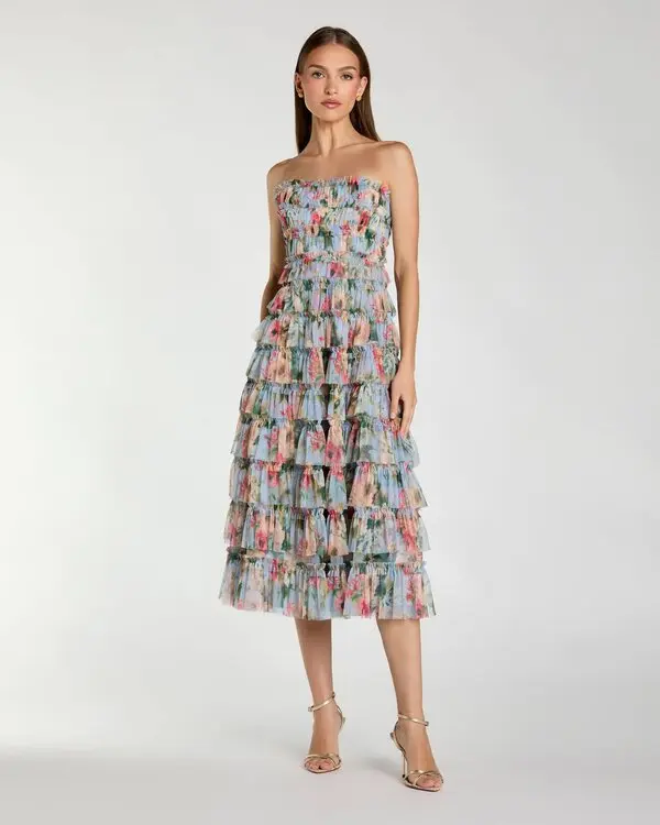 Mac Duggal Floral Strapless Ruffle Midi Dress - Blue