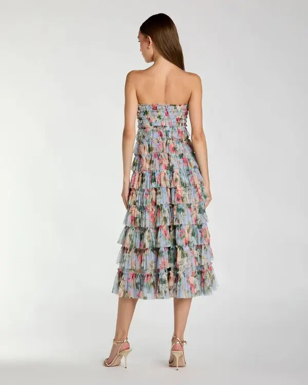Mac Duggal Floral Strapless Ruffle Midi Dress - Blue