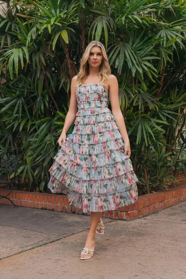 Mac Duggal Floral Strapless Ruffle Midi Dress - Blue