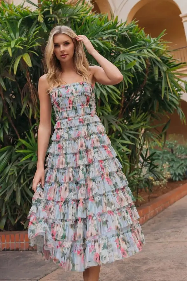 Mac Duggal Floral Strapless Ruffle Midi Dress - Blue