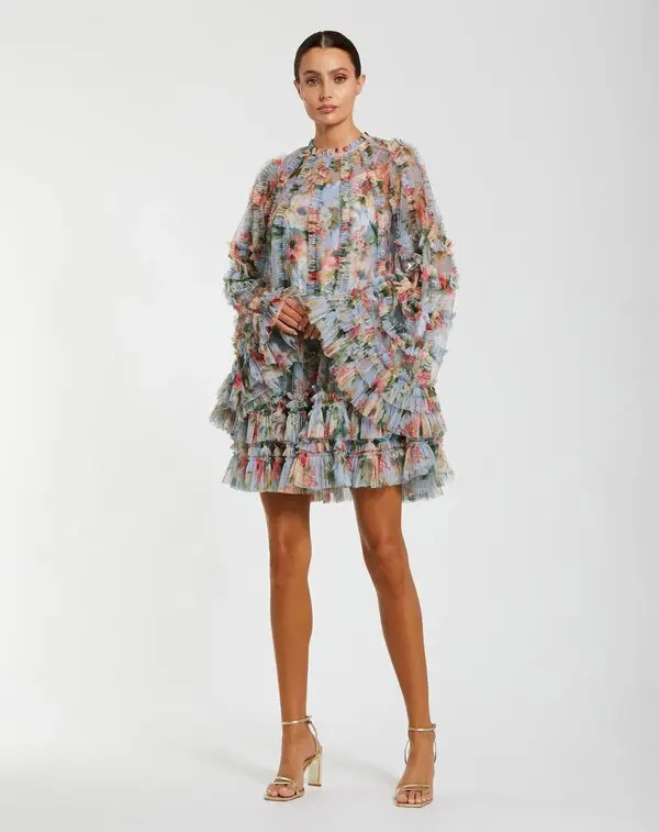 Mac Duggal Printed Mesh Ruffle High Neck Mini Dress - Blue
