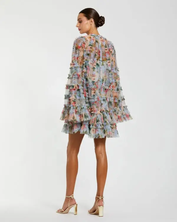 Mac Duggal Printed Mesh Ruffle High Neck Mini Dress - Blue