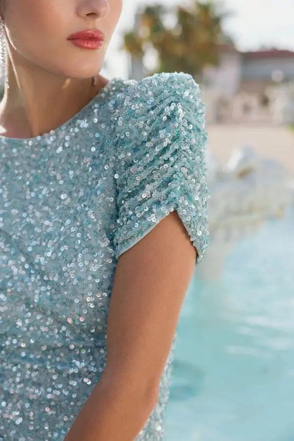 Mac Duggal Embellished Gathered Short Sleeve Gown - Blue