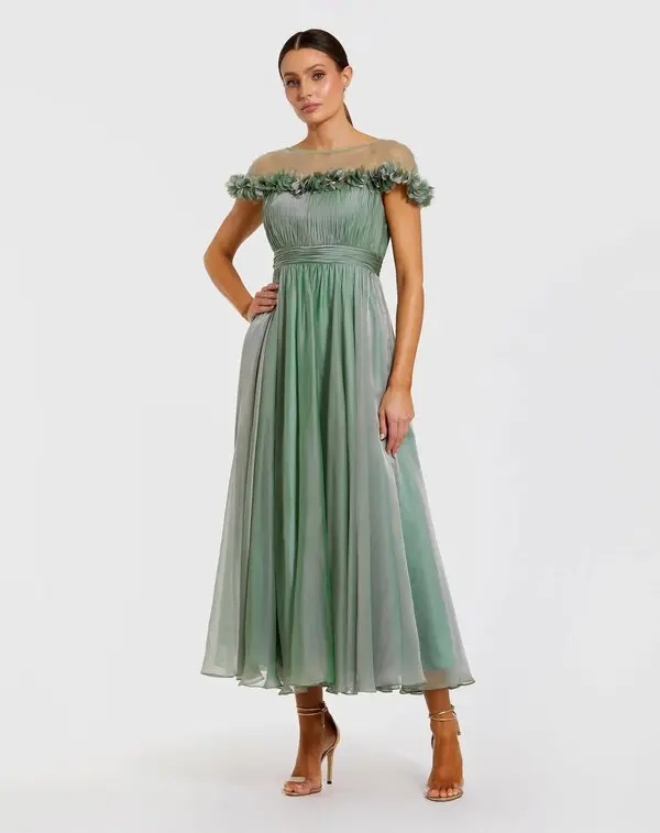 Mac Duggal Chiffon Illusion Neck Midi Dress With 3d Flowers - Green