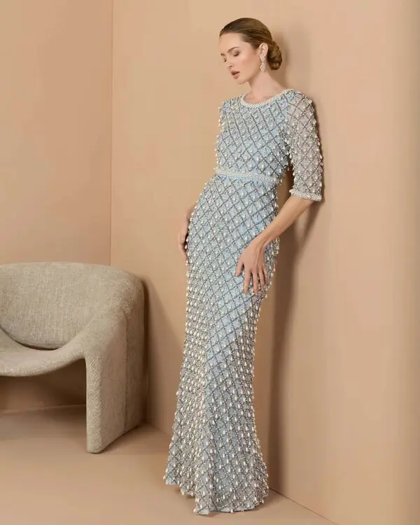 MAC DUGGAL COLLECTION Pearl Embellished 3/4 Sleeve Gown