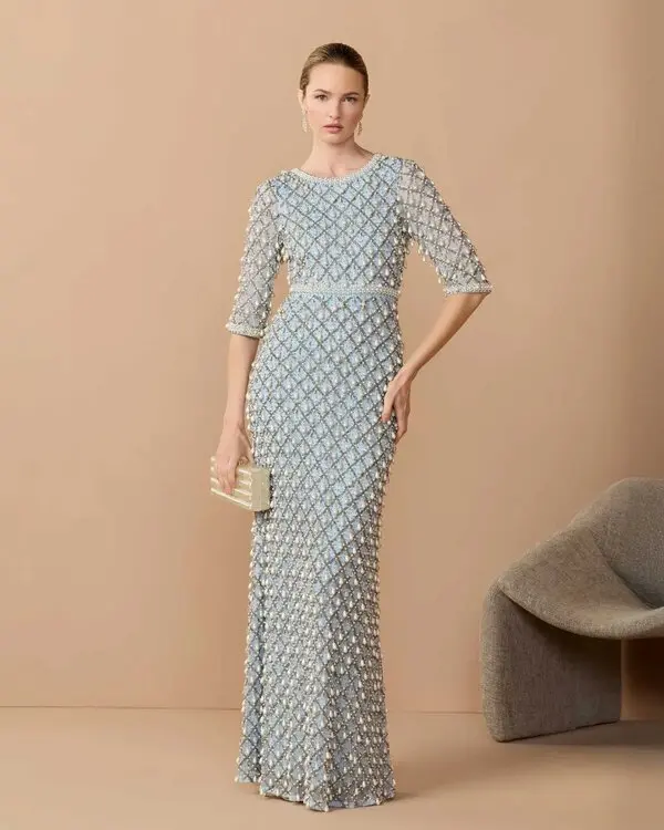 MAC DUGGAL COLLECTION Embellished 3/4 Sleeve Gown - Blue