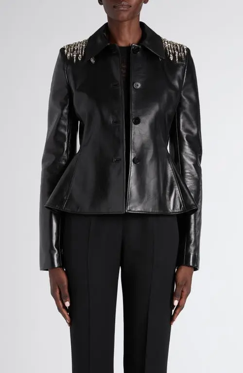 Alexander McQueen Crystal-embroidered Leather Peplum Jacket