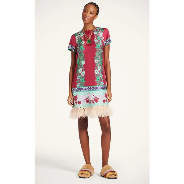 La DoubleJ Mini Swing Dress With Feathers Placée - Regalia Placée Red