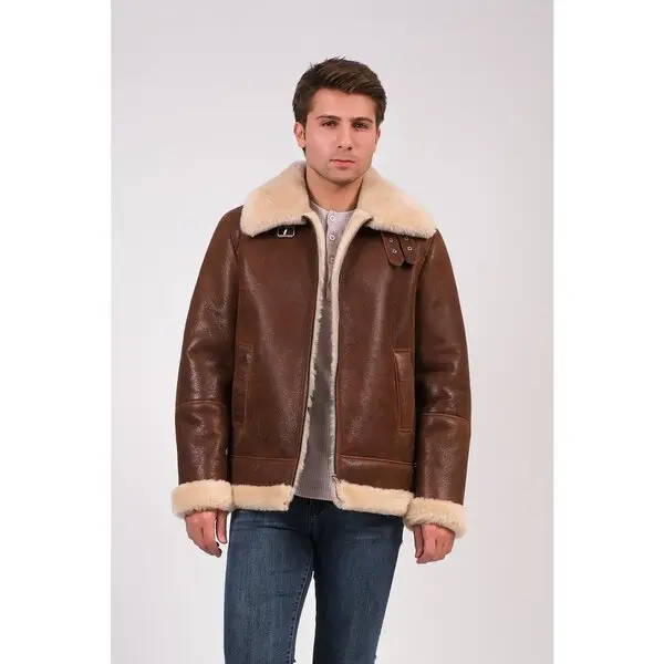 FURNIQ UK Textured Leather Shearling Aviator Jacket