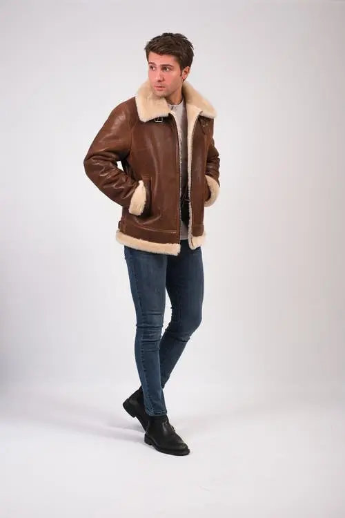FURNIQ UK Textured Leather Shearling Aviator Jacket