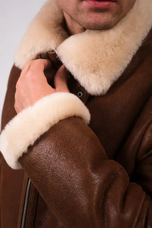 FURNIQ UK Textured Leather Shearling Aviator Jacket