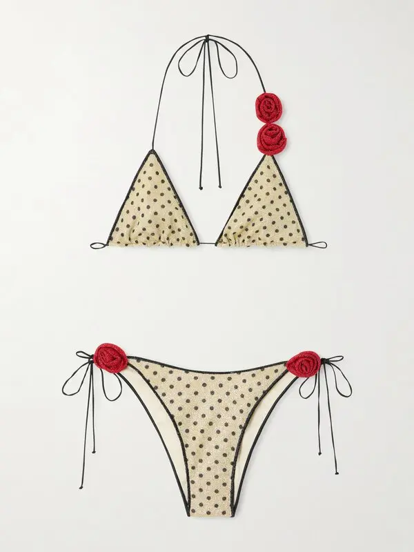 Oseree Lumière Appliquéd Polka-dot Lurex Bikini - Gold