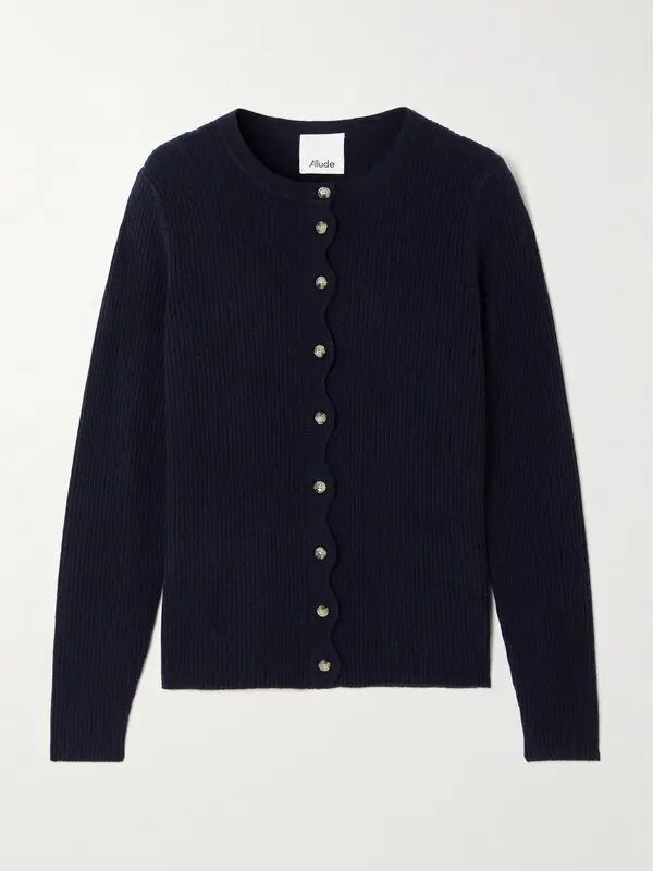 ALLUDE Scalloped Ribbed Wool And Cashmere-blend Cardigan - Blue