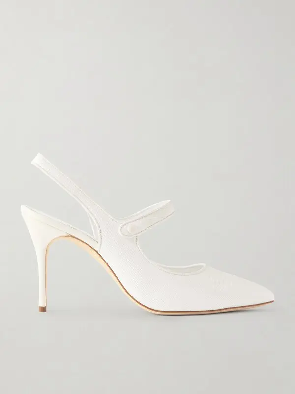 Manolo Blahnik Camparisli 90 Leather-trimmed Raffia Mary Jane Slingback Pumps - White
