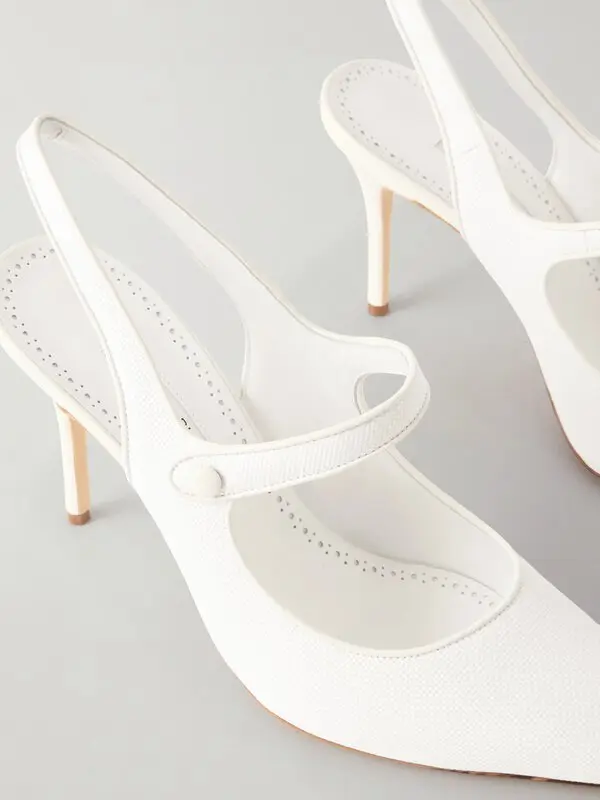 Manolo Blahnik Camparisli 90 Leather-trimmed Raffia Mary Jane Slingback Pumps - White
