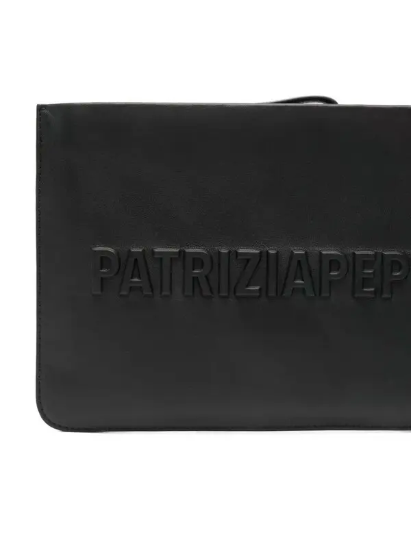 Patrizia Pepe Embossed Leather Clutch With Chain-link Trim - Black