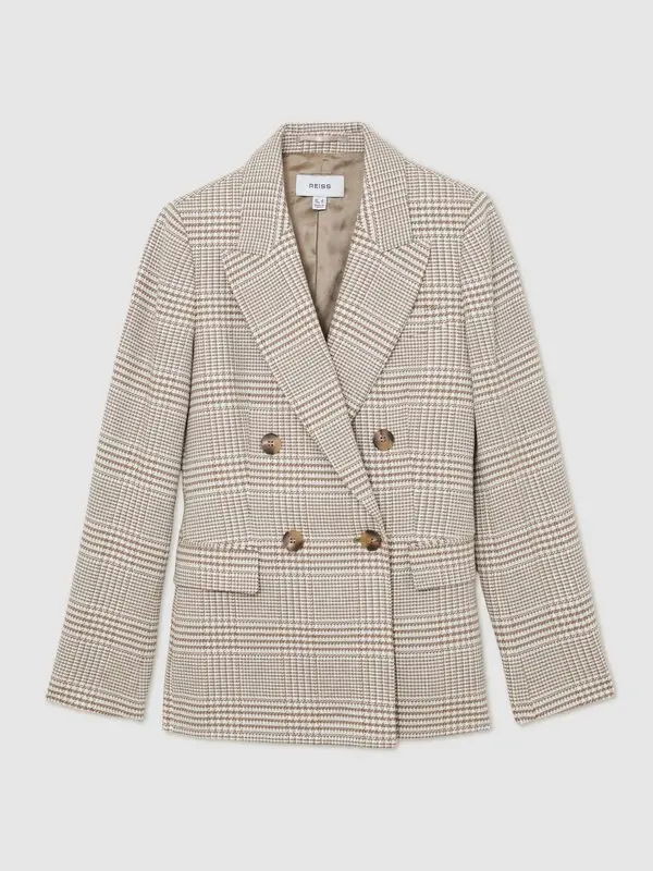 REISS Maxwell Petite Double-breasted Check Blazer - Neutral