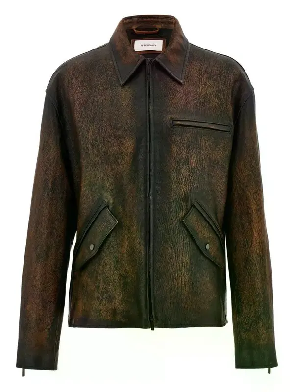 FERRAGAMO Flap Pocket Zip Leather Jacket