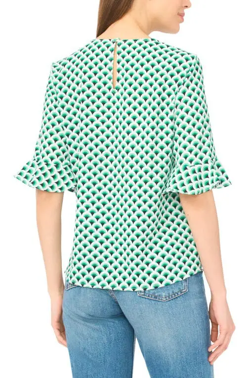 CECE DUPRAZ Fan Print Ruffle Cuff Top