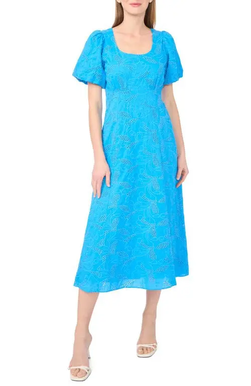 CECE DUPRAZ Embroidered Eyelet Bubble Sleeve Midi Dress - Blue Spritz
