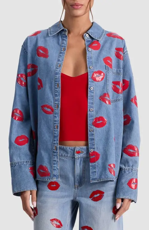 Alice + Olivia Kiss Print Denim Shirt Jacket - Denver Bright Blue