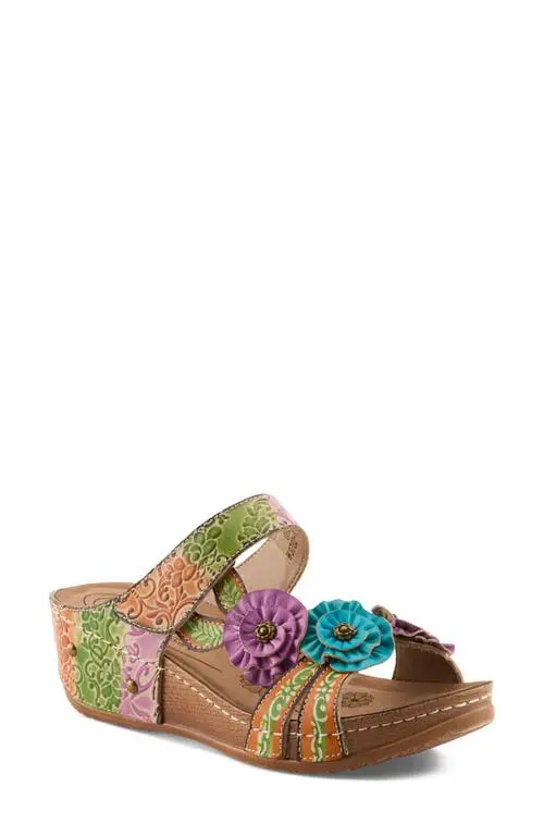 SPRING STEP SHOES Floral Appliqué Wedge Sandals - Mango Multi