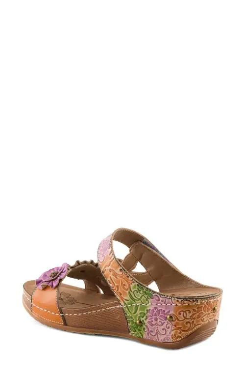 SPRING STEP SHOES Floral Appliqué Wedge Sandals - Mango Multi