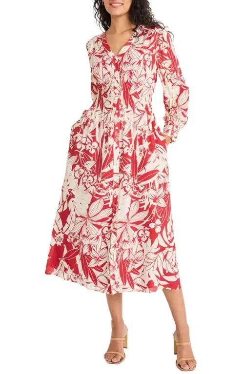 Maggy London Long Sleeve Button-up Midi Dress - Red/ivory