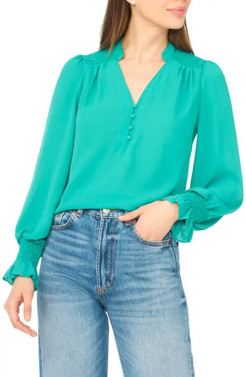 CECE DUPRAZ Half Placket Smocked Accent Top - Everglade
