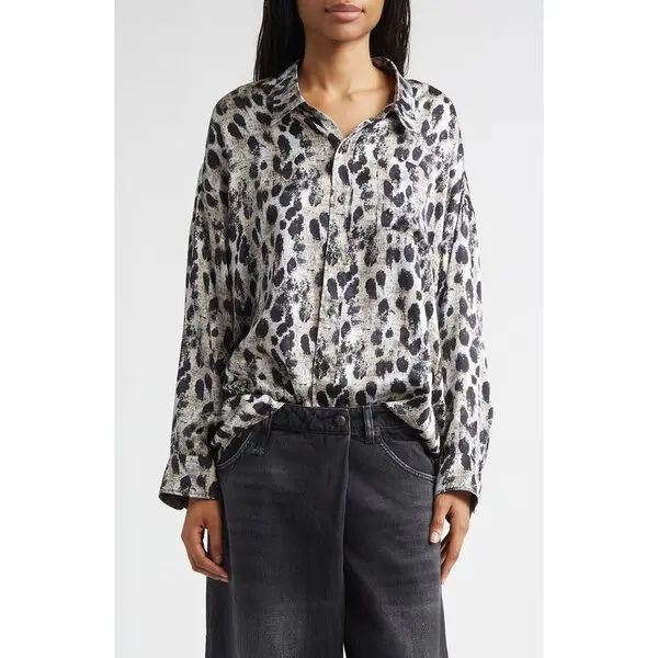 R13 Leopard Print Silk Button-up Shirt
