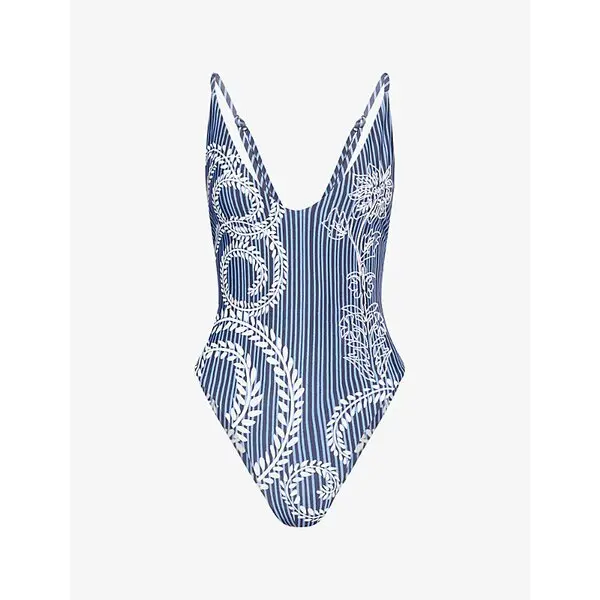 Agua Bendita Luca Floral-embroidered Swimsuit - Azul Oscuro