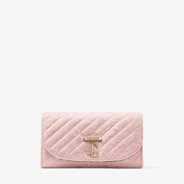 JIMMY CHOO Curve Wallet With Chain Rose Quilted Lace Wallet Chain With Crystal Jc Bar - Rose/shiny Gold