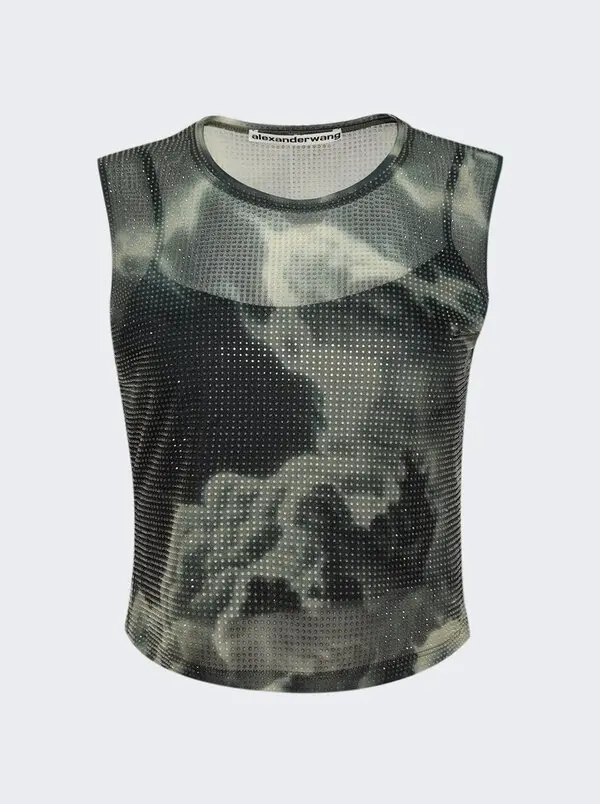 Alexander Wang Crystal Hotfix Organza Jersey Tank Top - Black