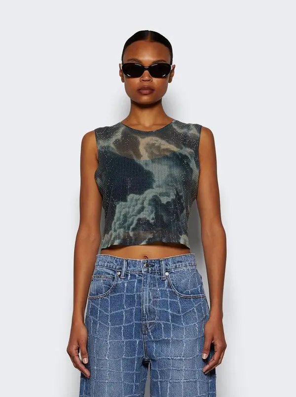 Alexander Wang Crystal Hotfix Organza Jersey Tank Top