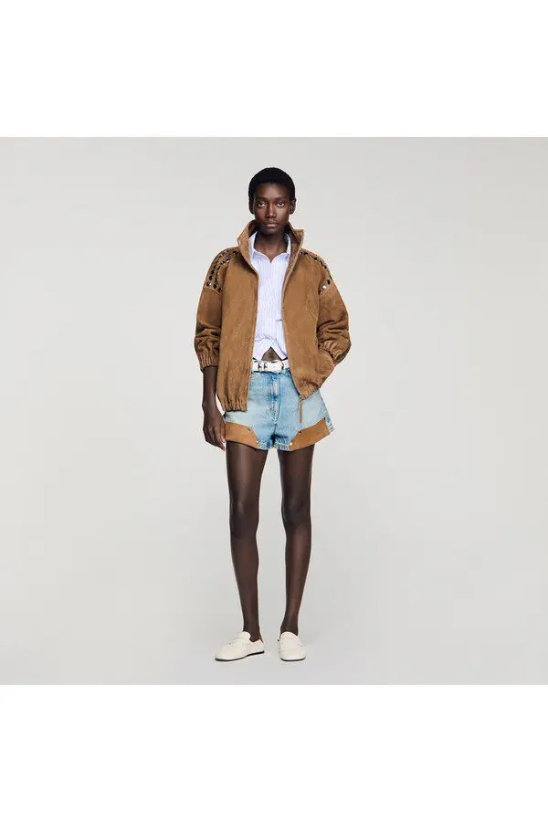 Sandro Studded Denim And Suede Jacket - Brown