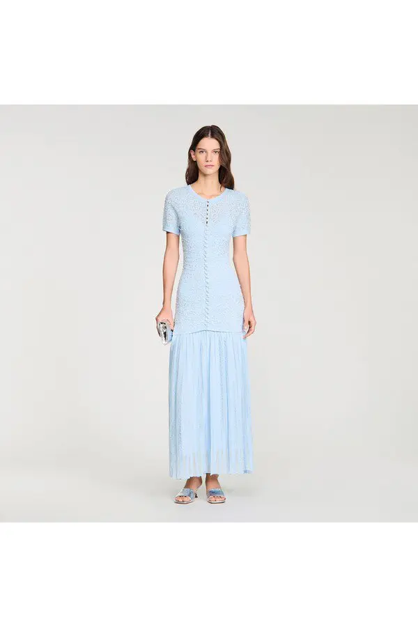 Sandro Textured Knit Maxi Dress With Pearl Embellishments - Blue
