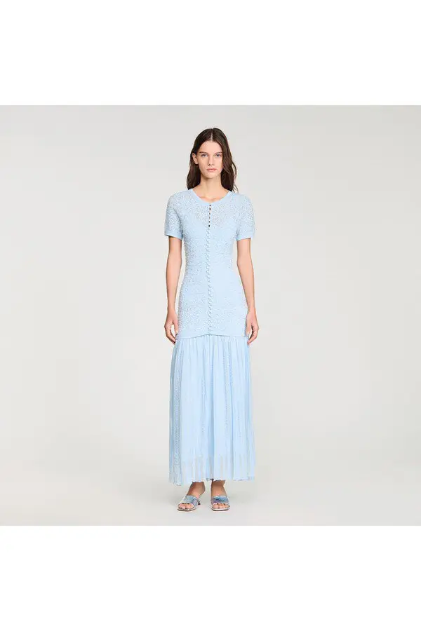 Sandro Textured Knit Maxi Dress With Pearl Embellishments - Blue