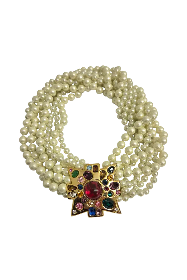 KENNETH JAY LANE Vintage Maltese Cross Clasp Pearl Necklace - Gold