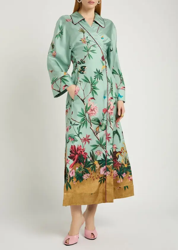 La DoubleJ Printed Silk Midi Wrap Shirt Dress