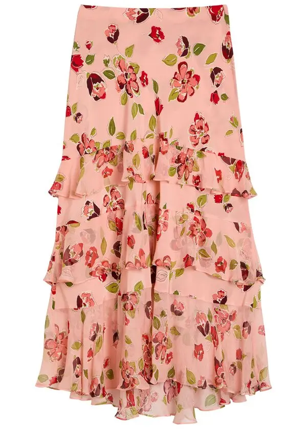 Rixo Floral Ruffled Tiered Silk Chiffon Midi Skirt