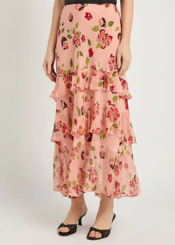 Rixo Floral Ruffled Tiered Silk Chiffon Midi Skirt